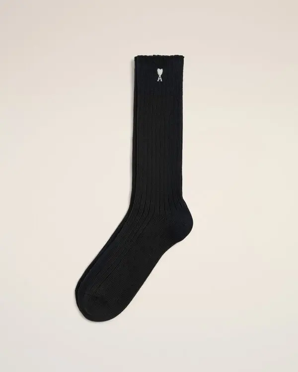 AMI Paris Cotton Blend Crew Socks With De Coeur Embroidery - Black