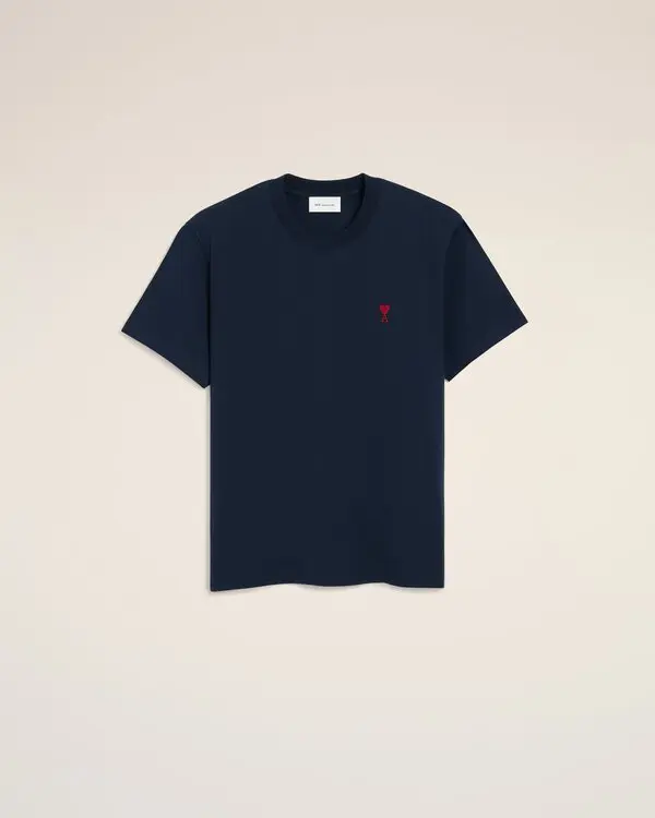 AMI Paris Blue Cotton T-shirt With De Coeur Embroidery - Night Blue