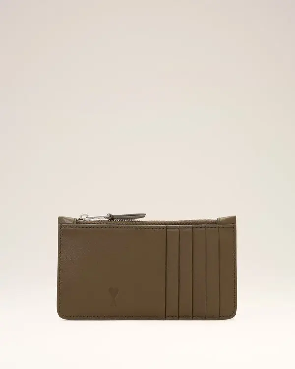 AMI Paris Brown Zipped Cowhide Leather Card Holder With De Coeur Brown - Truffle