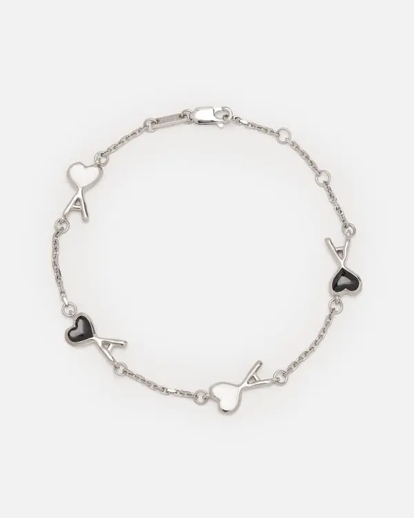 AMI Paris Silver Brass Bracelet With Hammered De Coeur Motif - Silver/black/cream
