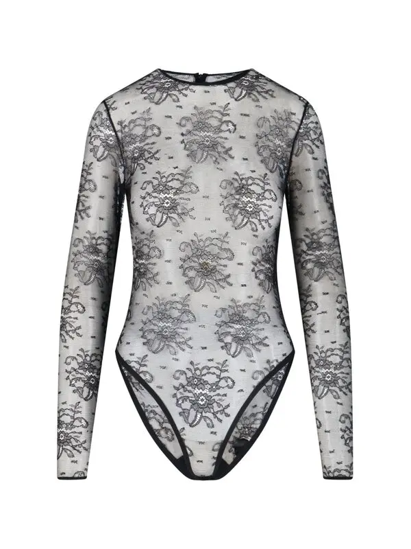 Dolce & Gabbana Sheer Floral Lace Long Sleeve Bodysuit - Black