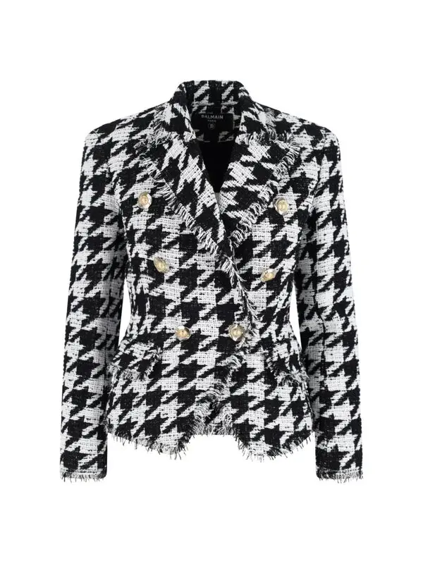Balmain Houndstooth Tweed Double-breasted Blazer With Frayed Trim