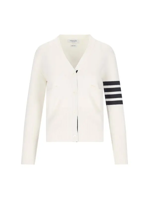 Thom Browne 100% Virgin Wool Striped Sleeve V-neck Cardigan - White