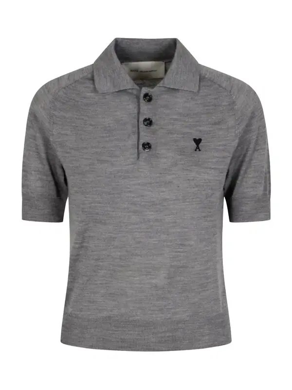 AMI Paris Logo Embroidered Knitted Polo Top - Grey