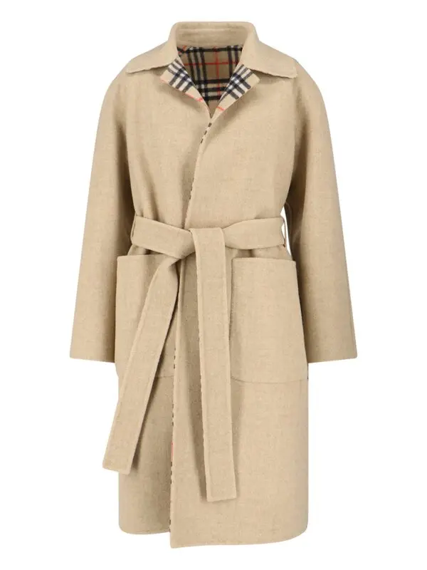 Burberry 100% Wool Belted Jacket With Classic Collar - Beige