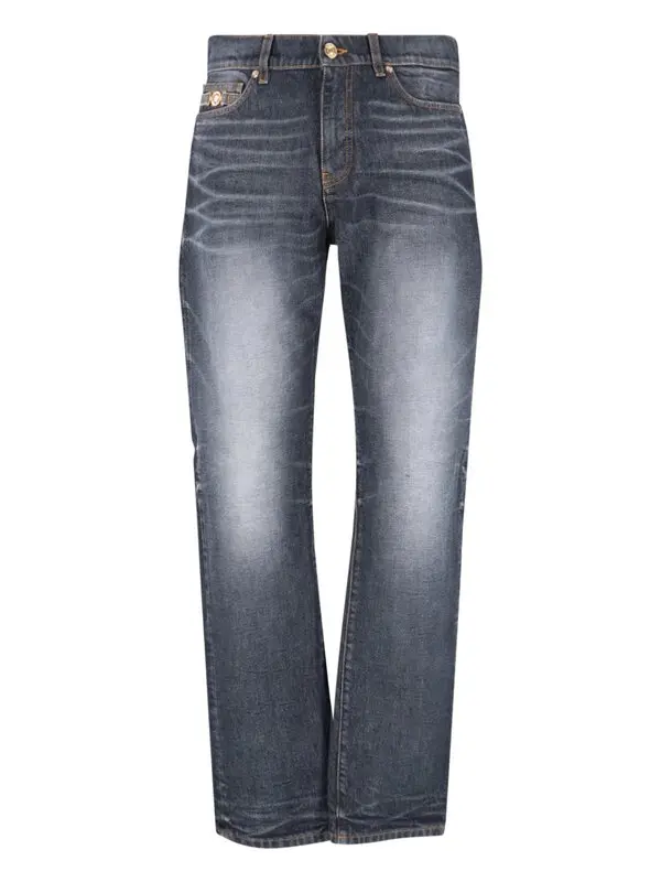 Versace Denim Jeans With Calf Leather Trim - Blue