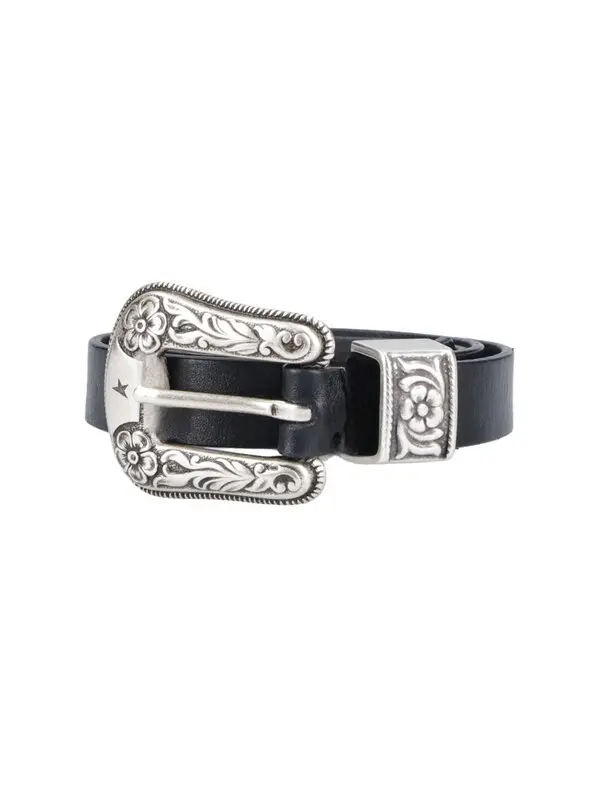 GOLDEN GOOSE Genuine Leather Belt With Silver Tone Buckle - Black