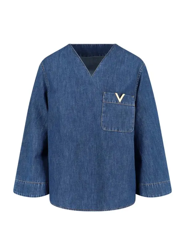 Valentino Garavani 100% Cotton V-neck Pocket Top - Blue