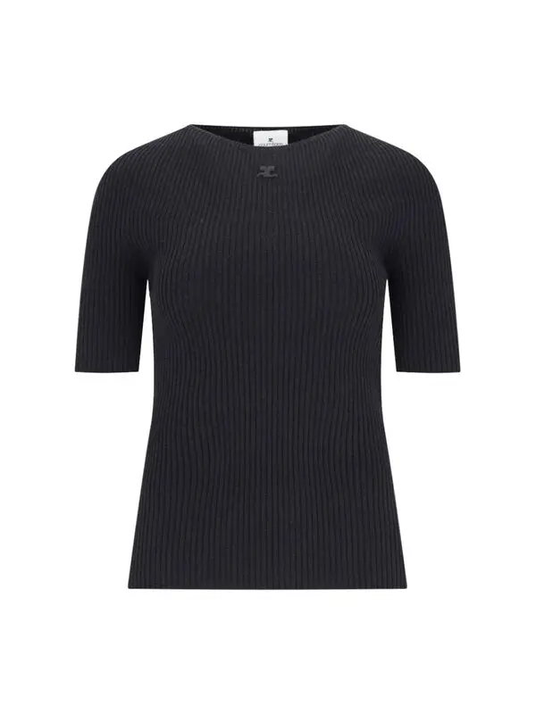 COURREGES Ribbed Cotton & Merino Wool Crewneck Sweater - Black