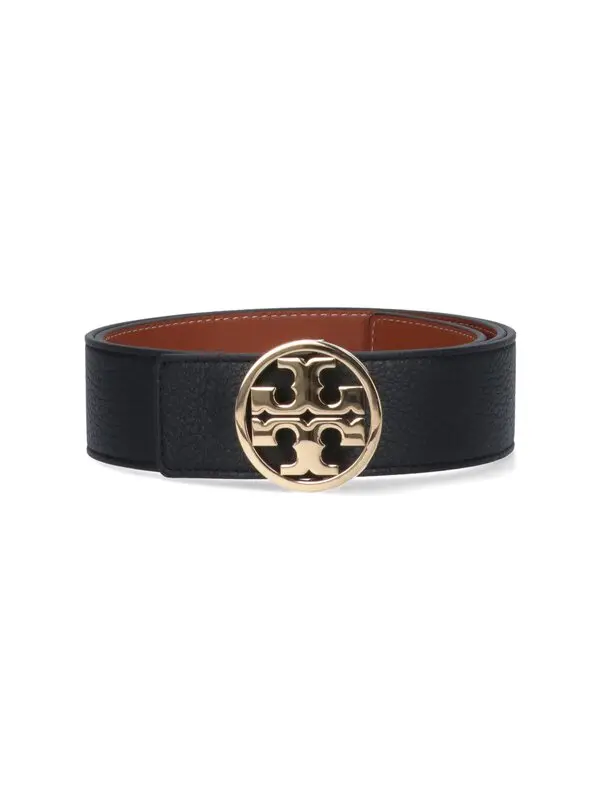 Tory Burch Leather Belt With Gold Tone Logo - Black