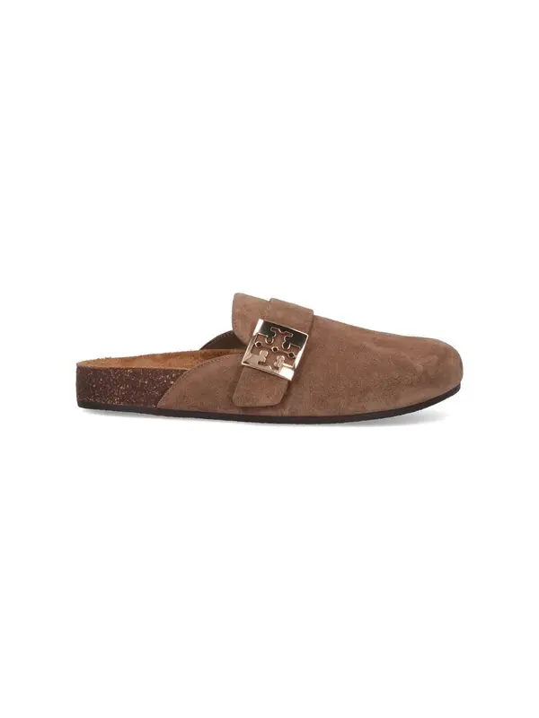 Tory Burch Suede Mule Sandals With Logo Buckle - Brown