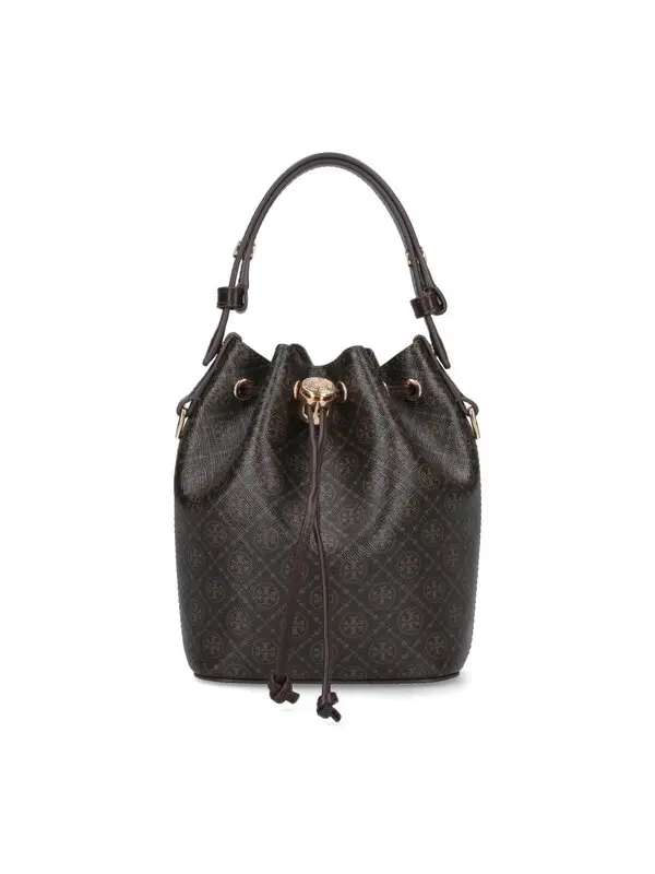 Tory Burch Leather Trimmed Cotton Bucket Bag - Brown