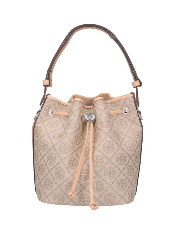 Tory Burch Monogrammed Cotton-blend Bucket Bag With Leather Trim - White