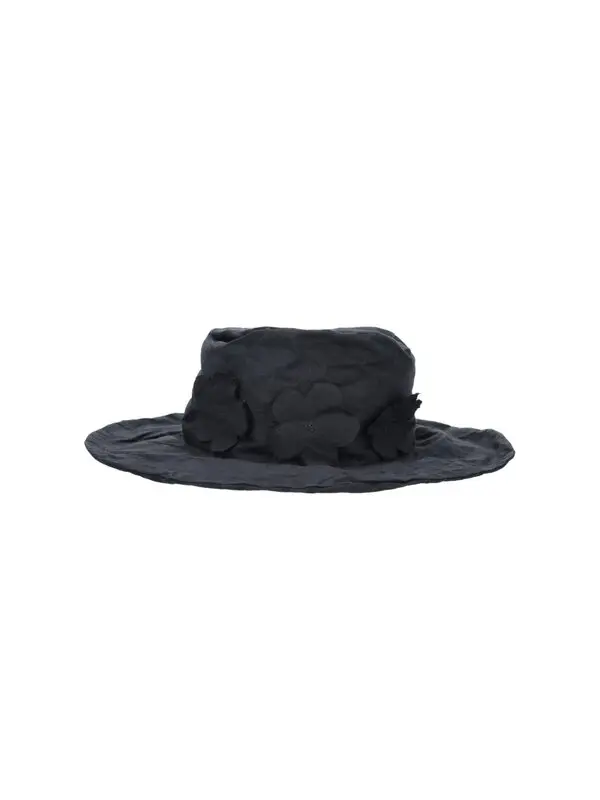SCHA Textured Cotton Wide Brim Hat With Applique Detailing - Black