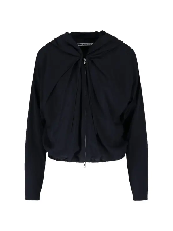 Alexander Wang Sculpted Silk-blend Zip-up Sweater With Hood - Black