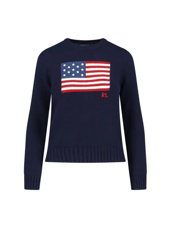 Polo Ralph Lauren Cotton Crew Neck Sweater With American Flag Emblem - Blue