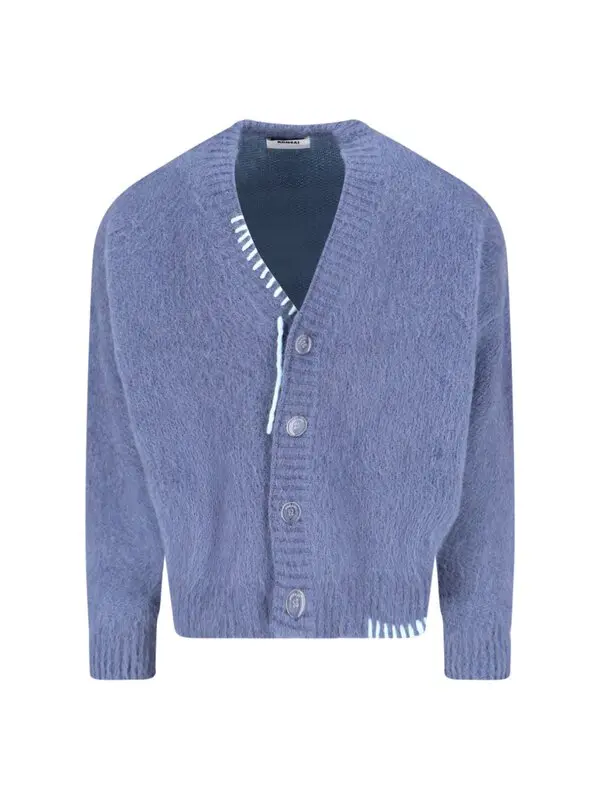 BONSAI Fuzzy V-neck Cardigan With Button Front And Contrast Stitching