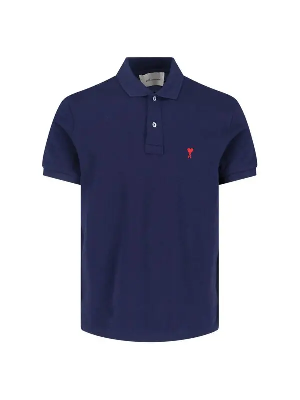 AMI Paris Organic Cotton Polo Shirt With Embroidered Heart Logo - Blue