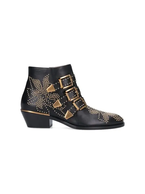 Chloé Studded Leather Buckled Ankle Boots - Black