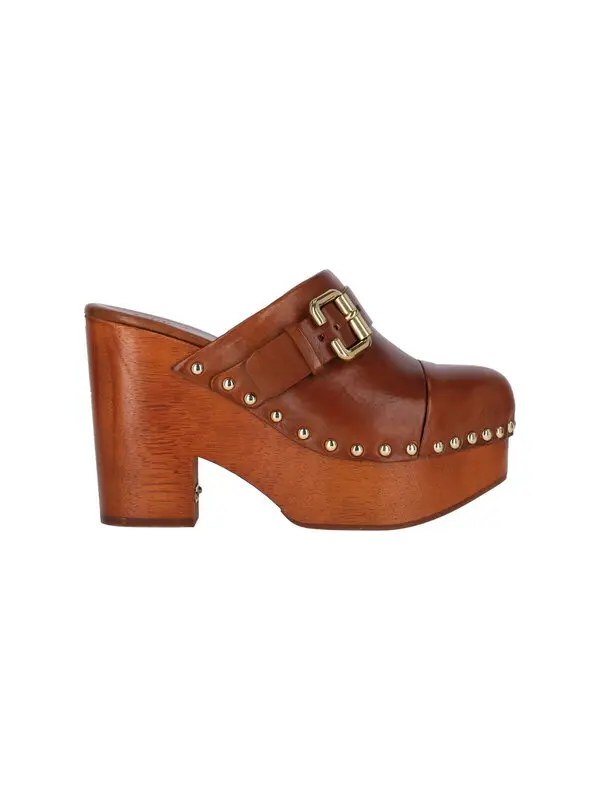 Chloé Leather Heeled Slide Clogs With Buckle Detail - Brown