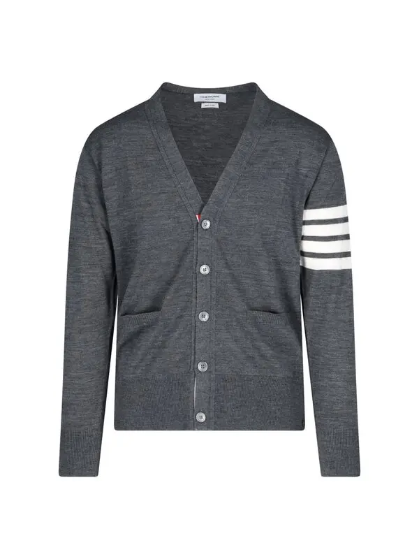 Thom Browne 100% Virgin Wool V-neck Cardigan With Signature Stripes - Grey