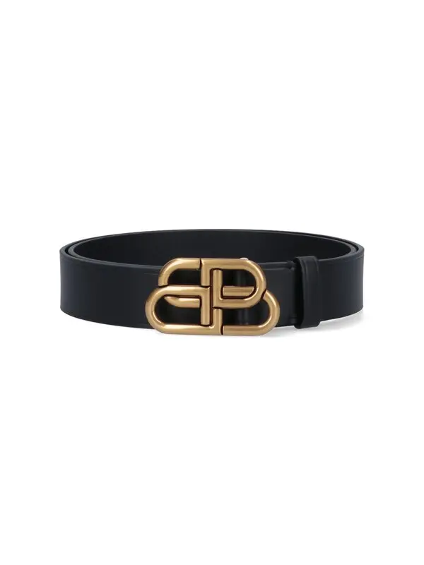 Balenciaga Calf Leather Belt With Gold Tone Bb Logo Buckle - Black