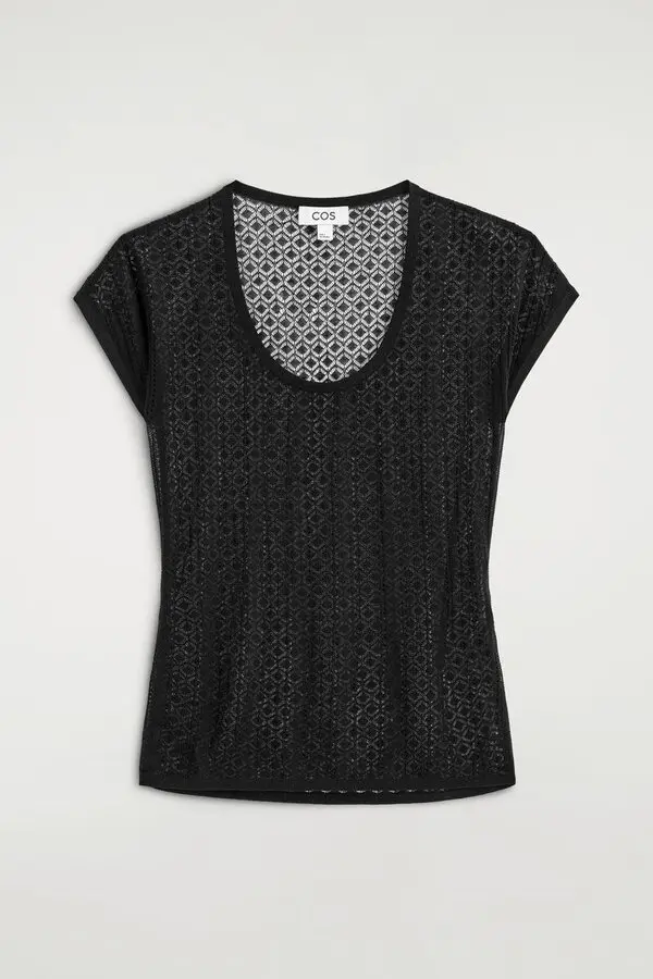 Cos Diamond-knit Lace T-shirt - Black