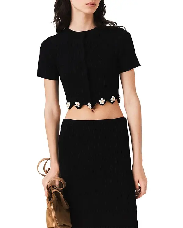 Maje Floral Jewel Cropped Cardigan - Black