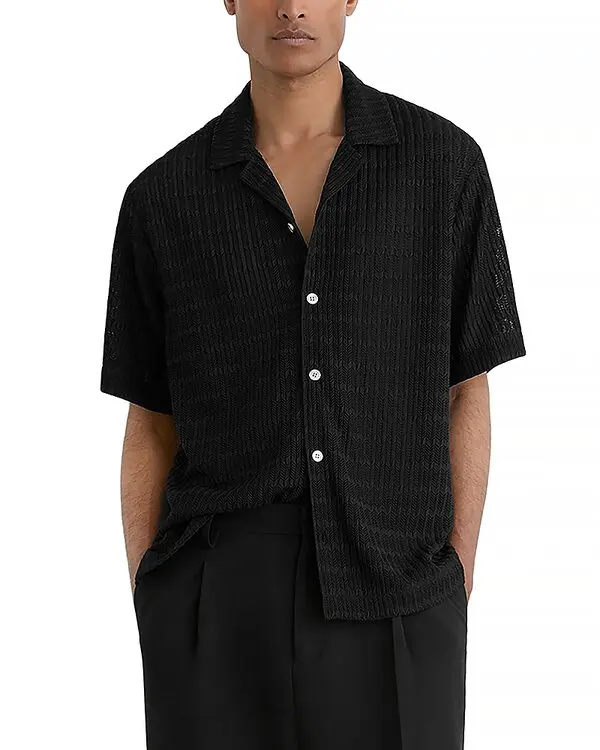 REISS Crochet Stripe Cuban Shirt - Black
