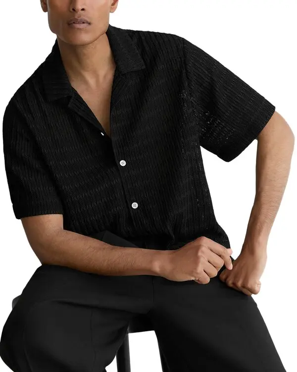 REISS Crochet Stripe Cuban Shirt - Black