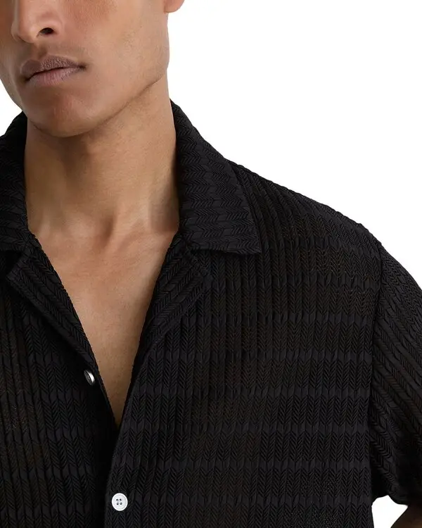 REISS Crochet Stripe Cuban Shirt - Black