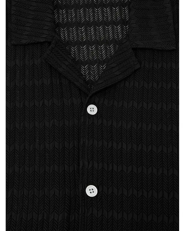 REISS Crochet Stripe Cuban Shirt - Black