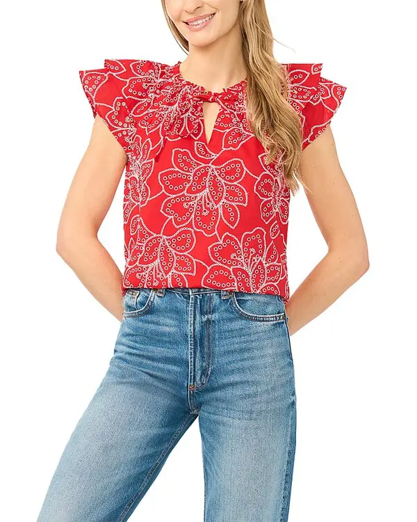 CECE DUPRAZ Eyelet Flutter Sleeve Tie Neck Top - Classic Cherry