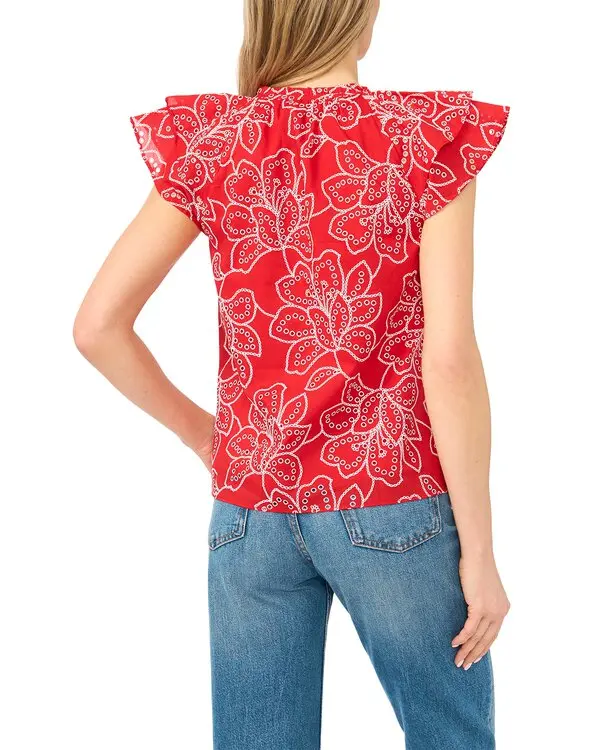 CECE DUPRAZ Eyelet Flutter Sleeve Tie Neck Top