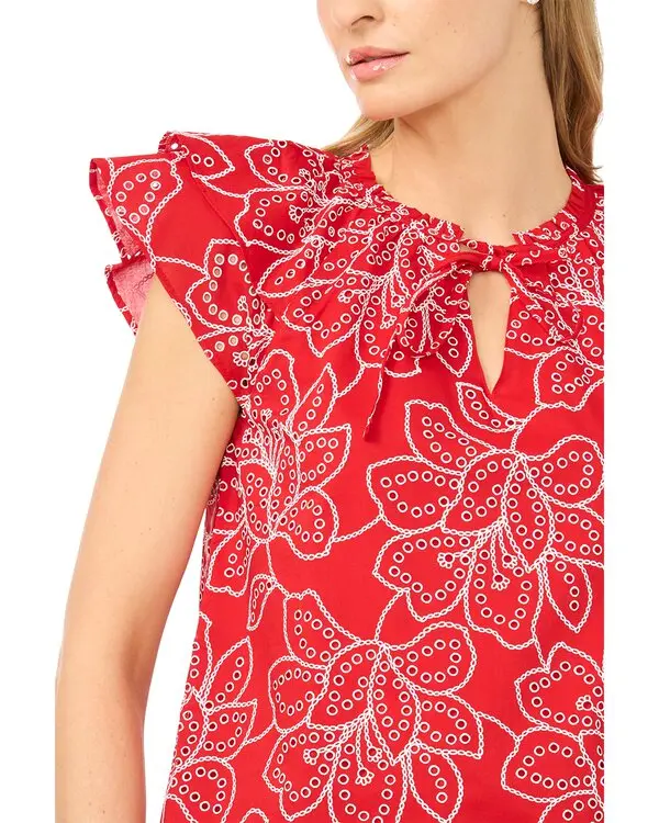 CECE DUPRAZ Eyelet Flutter Sleeve Tie Neck Top