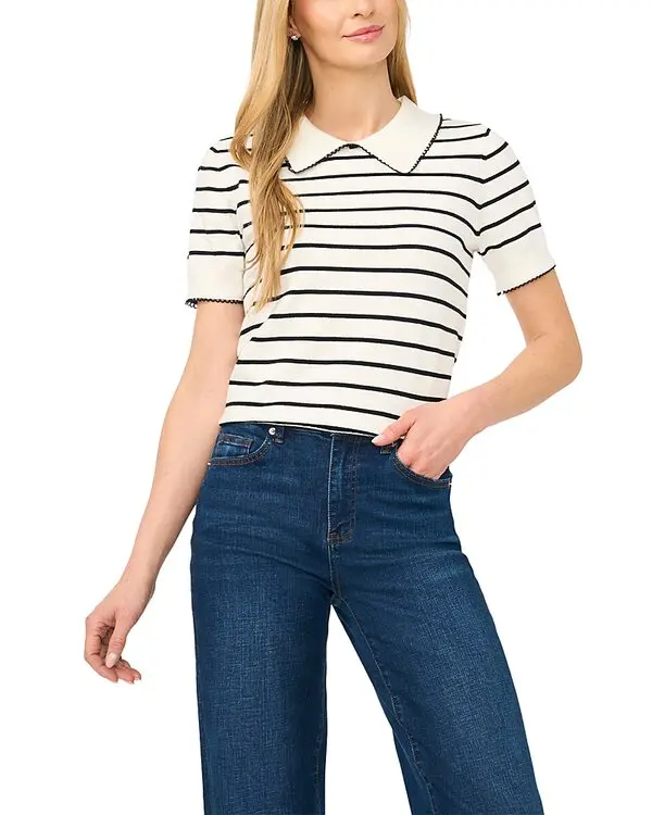 CECE DUPRAZ Stripe Contrast Trim Collared Top - New Ivory
