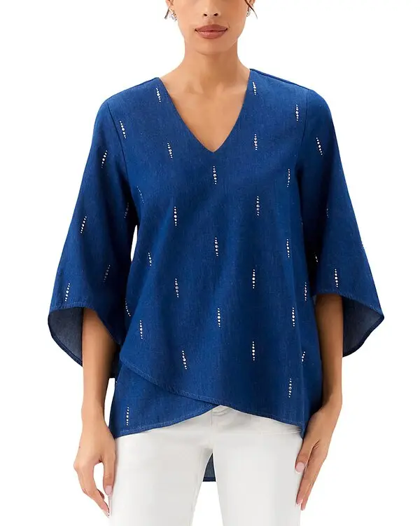 Karen Kane Bracelet Sleeve Embellished Asymmetric Top - Denim