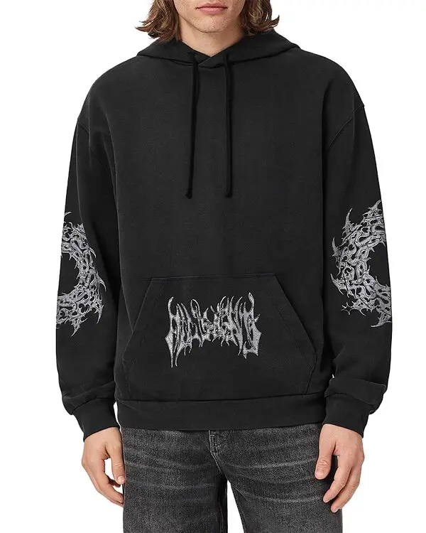 ALLSAINTS Helvette Metal Logo Graphic Drawstring Hoodie - Washed Black