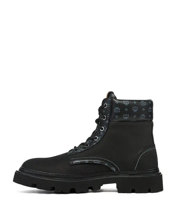 Mcm Ankle Boots In Nubuck And Monogram Print Leather - Black