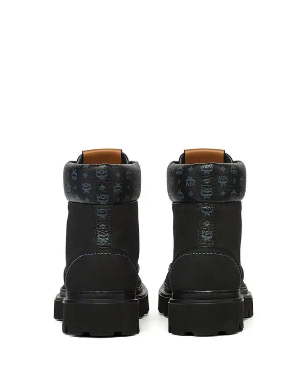 Mcm Ankle Boots In Nubuck And Monogram Print Leather - Black