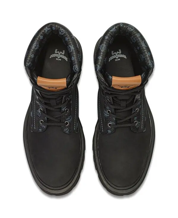 Mcm Ankle Boots In Nubuck And Monogram Print Leather - Black