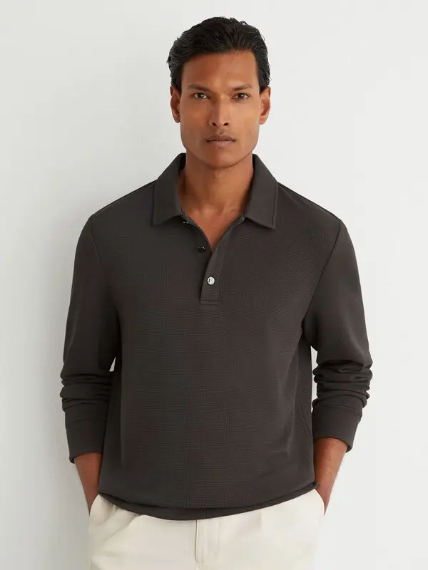REISS Alba Textured Long-sleeve Polo Shirt - Brown