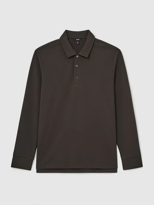 REISS Alba Textured Long-sleeve Polo Shirt - Brown