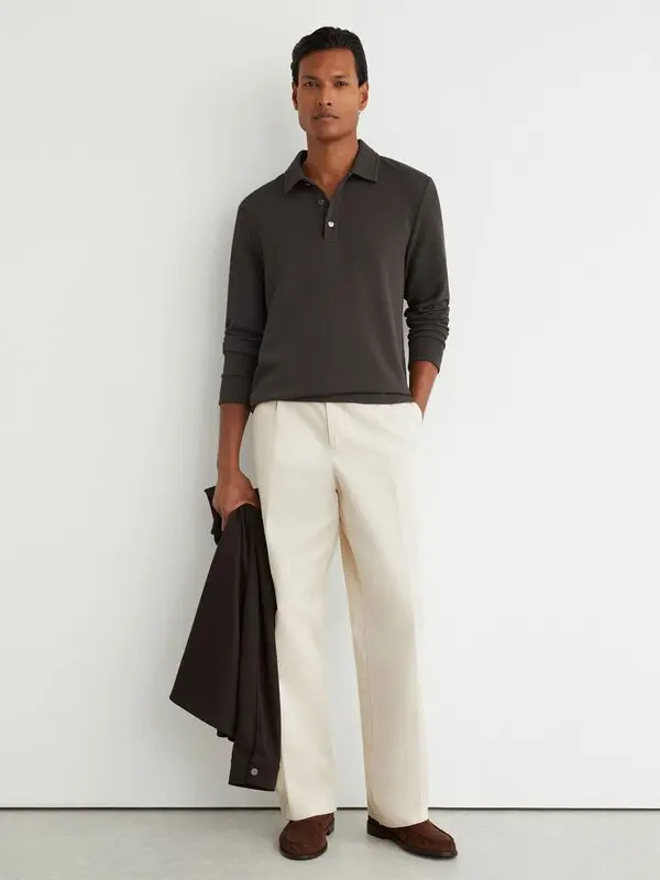 REISS Alba Textured Long-sleeve Polo Shirt - Brown