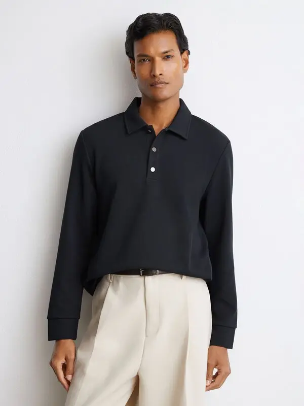 REISS Alba Textured Long-sleeve Polo Shirt - Navy