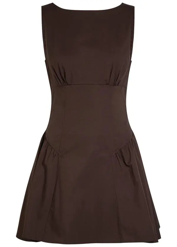Staud Gwen Stretch-cotton Poplin Mini Dress - Dark Brown