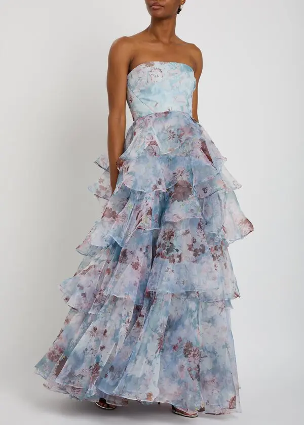 Aje Gabriella Floral-print Strapless Linen-blend Gown
