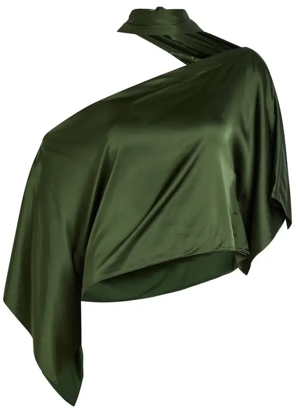 Alice + Olivia Rita Draped Asymmetric Satin Top - Dark Green