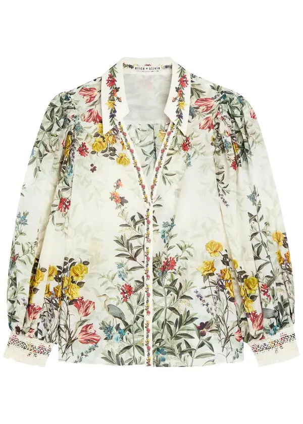 Alice + Olivia Charis Floral-print Cotton-blend Blouse - White