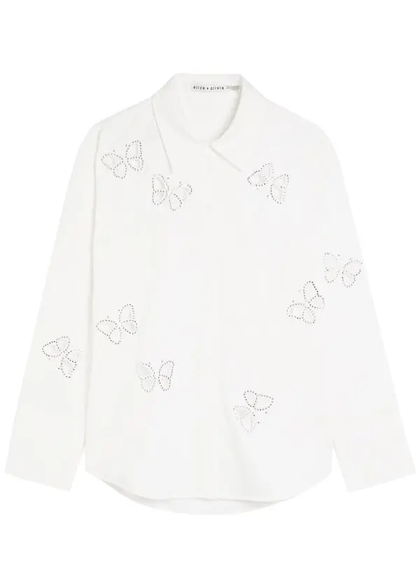 Alice + Olivia Finely Embellished Cut-out Woven Shirt - White